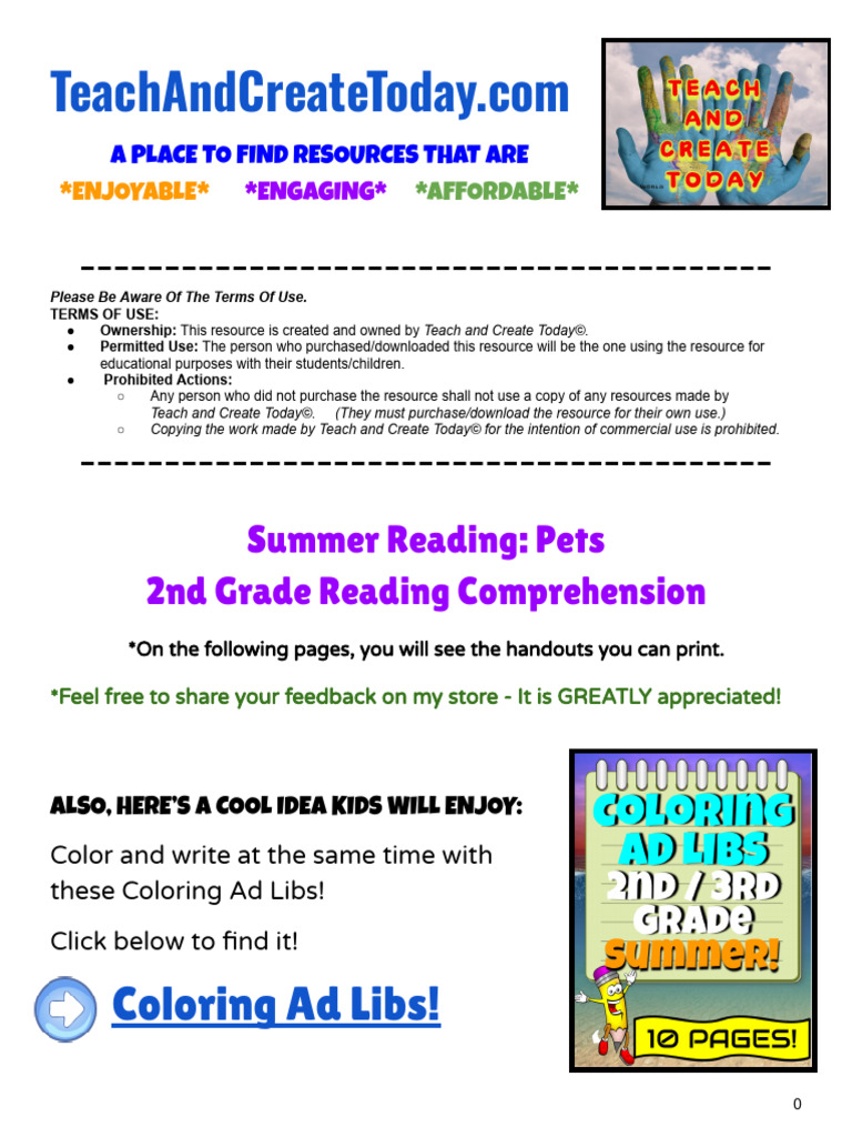 Coloring Ad Libs!: Summer Reading: Pets 2nd Grade Reading Comprehension ...