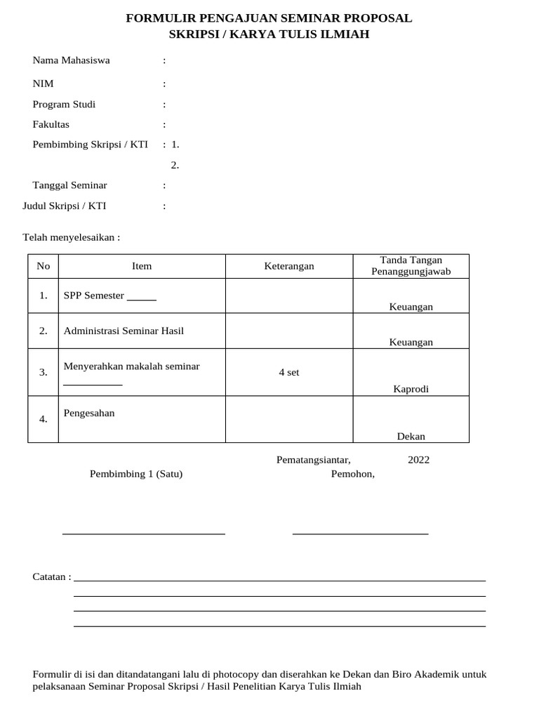 Formulir Pengajuan Seminar Proposal Skripsi | PDF