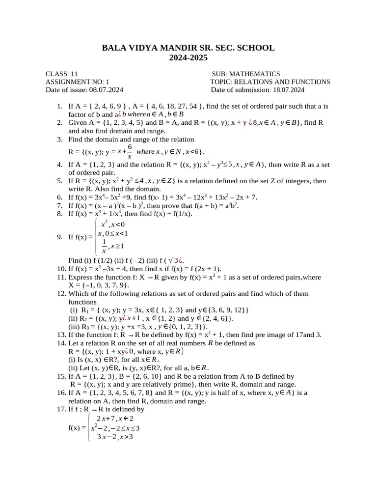 Class 11 Assignment 1-Relations and Functions | PDF