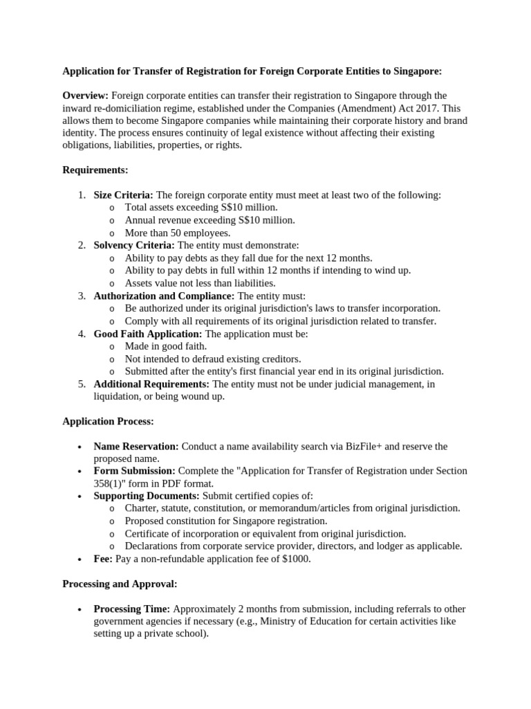 Transfer of Registration For Foreign Corporate Entities To Singapore | PDF