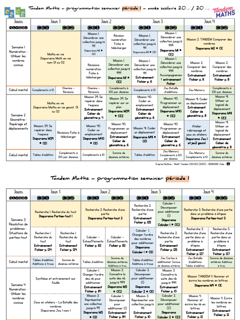 Programmation Semainier - Tandem Maths | PDF
