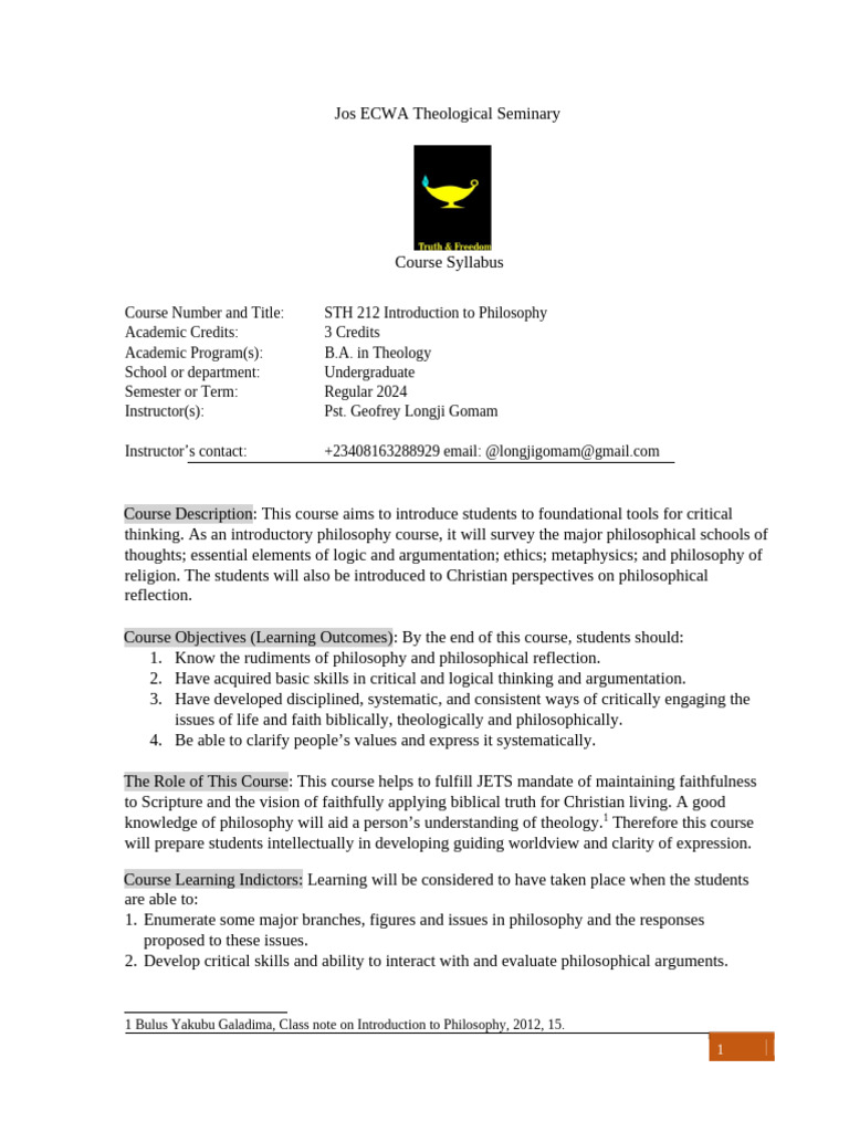 Introduction To Philosophy Course Outline | PDF | Theology | Career ...