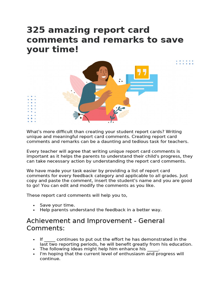 325 Amazing Report Card Comments and Remarks To Save Your Time | PDF
