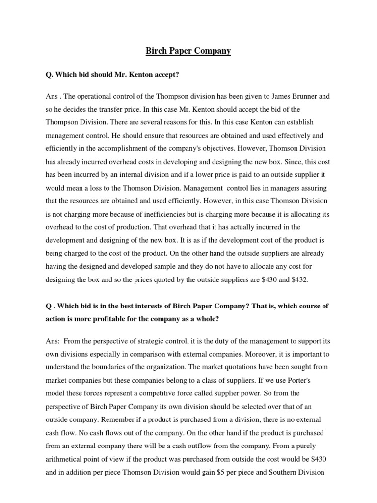 Bid Analysis for Birch Paper Company | PDF | Cost | Business Economics