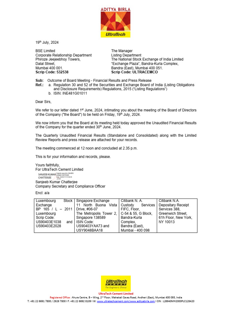 Scrip Code: 532538 Scrip Code: ULTRACEMCO Sub: Outcome of Board Meeting ...
