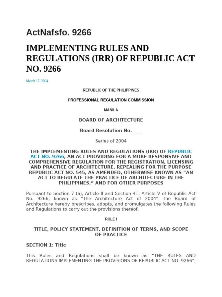 Implementing Rules and Regulations (IRR) of Republic Act No. 9266 | PDF
