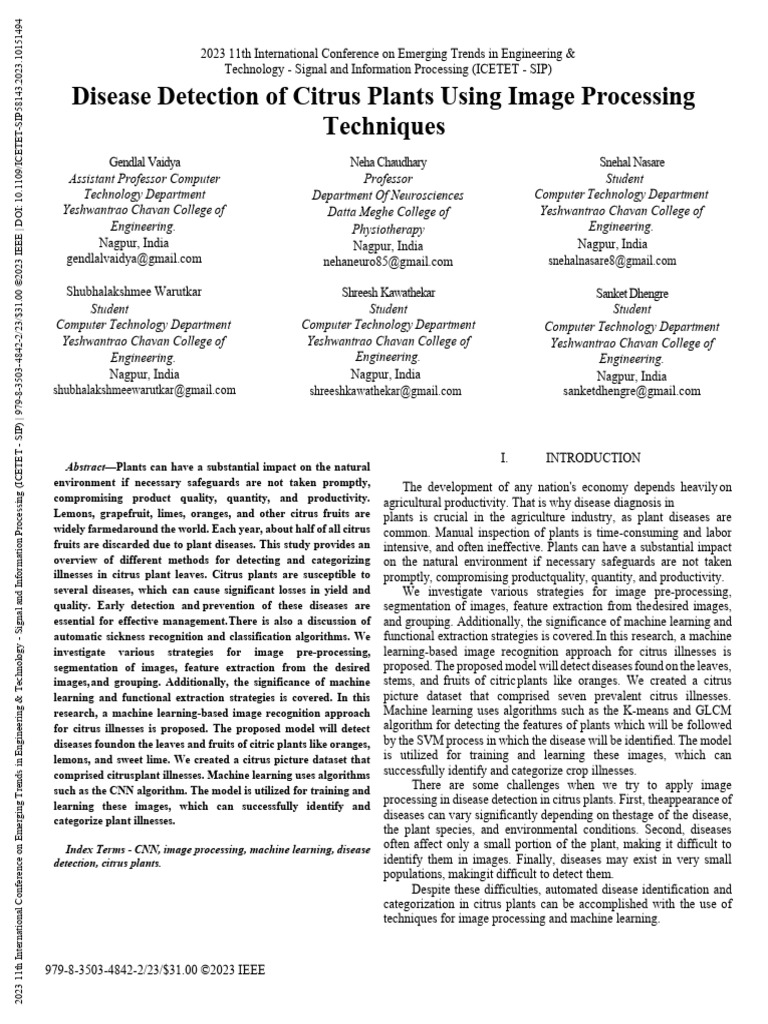 Disease Detection of Citrus Plants Using Image Processing Techniques | PDF