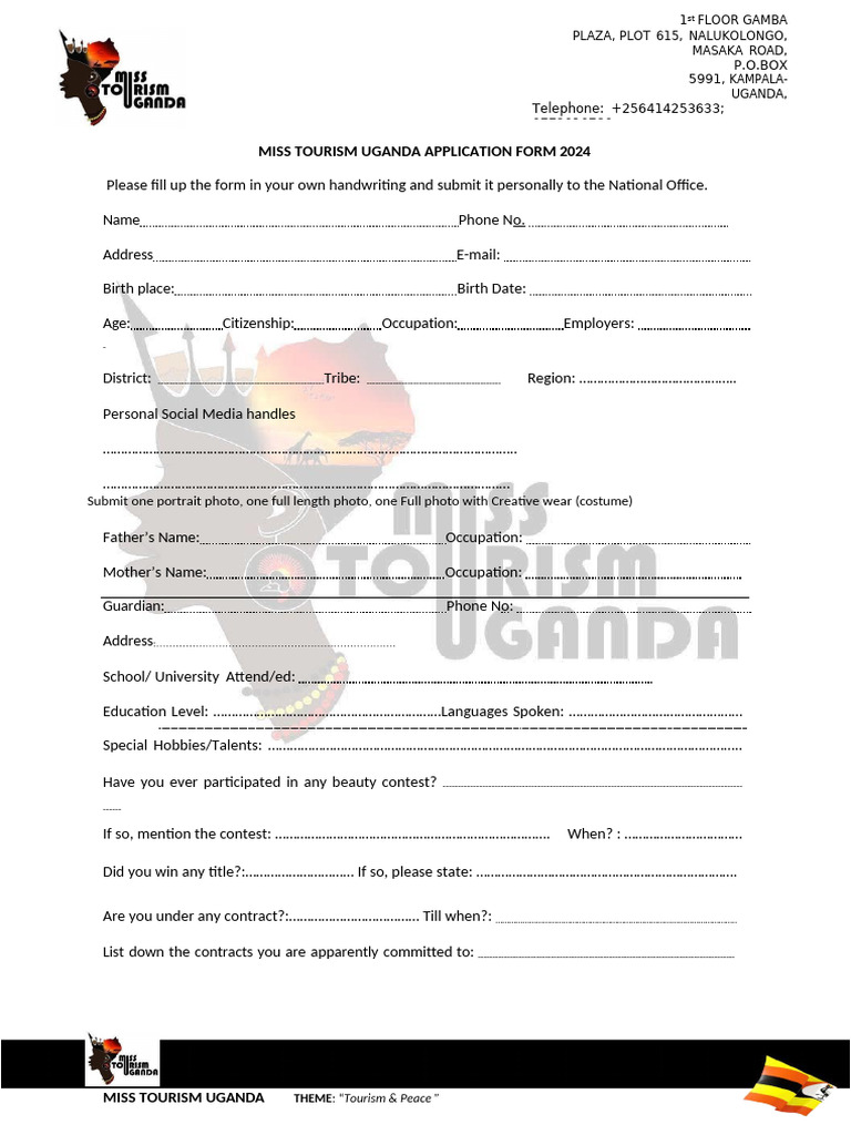 Miss Tourism Uganda Application Form 2024 | PDF
