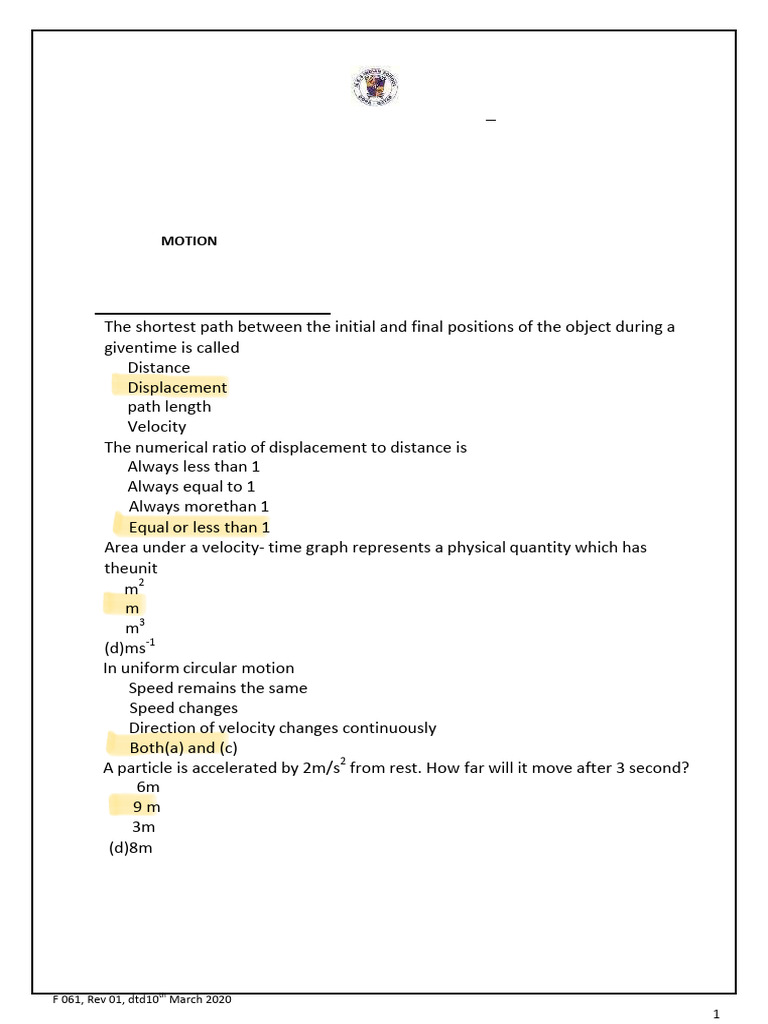 Class 9 Motion, Holiday Homework | PDF
