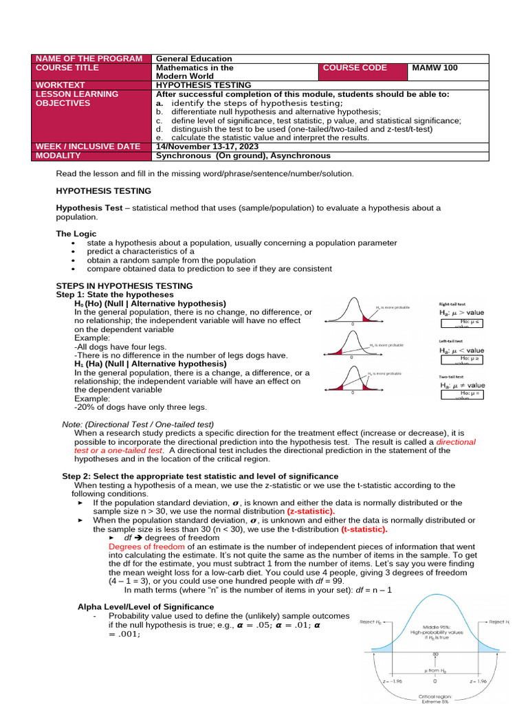 Module 7 - MAMW100 Hypothesis Testing New | PDF | Statistical ...