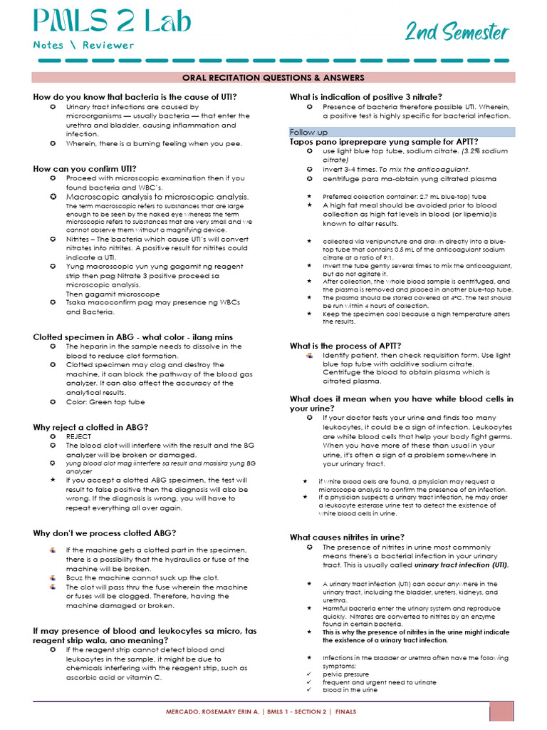 Oral-Recit-Qs & Answrs-N0tez - PMLS-2-Lab - Finals - bmls1-2nd Sem | PDF | Urinary Tract ...