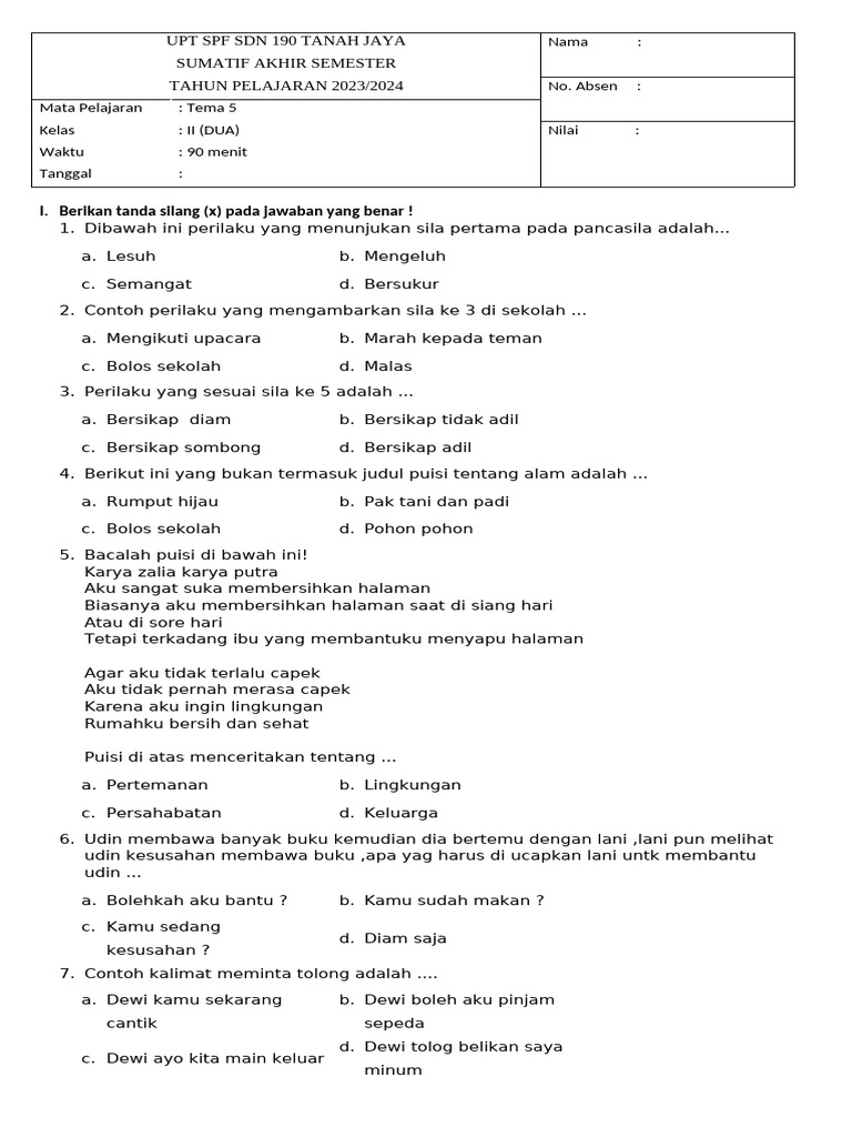 Soal PAS TEMA 5 KELAS 2 | PDF
