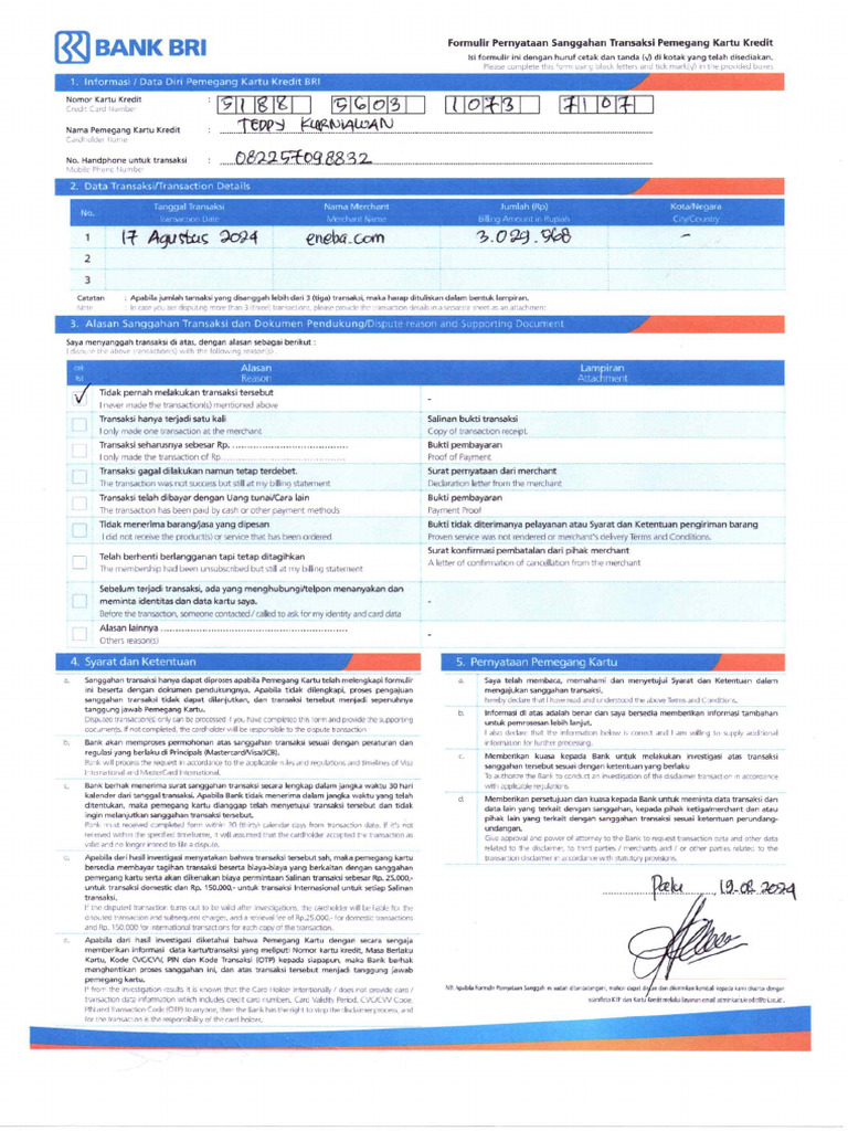 Form Sanggahan CC Bri | PDF