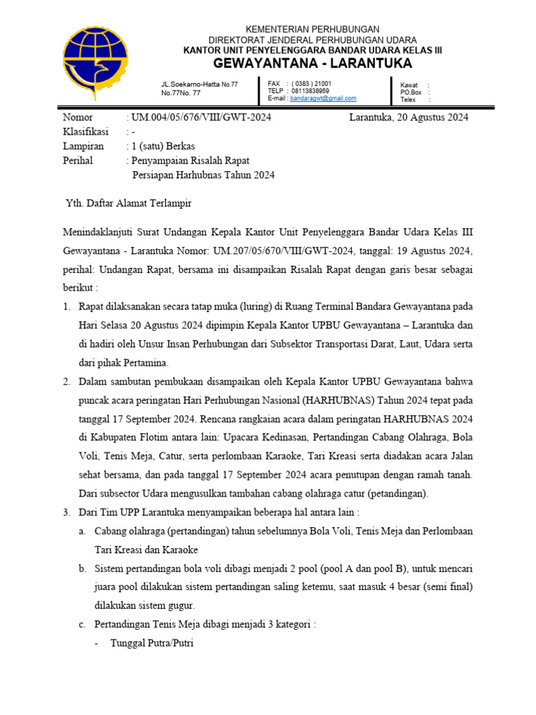 Surat Risalah Rapat Persiapan HARHUBNAS 2024 | PDF