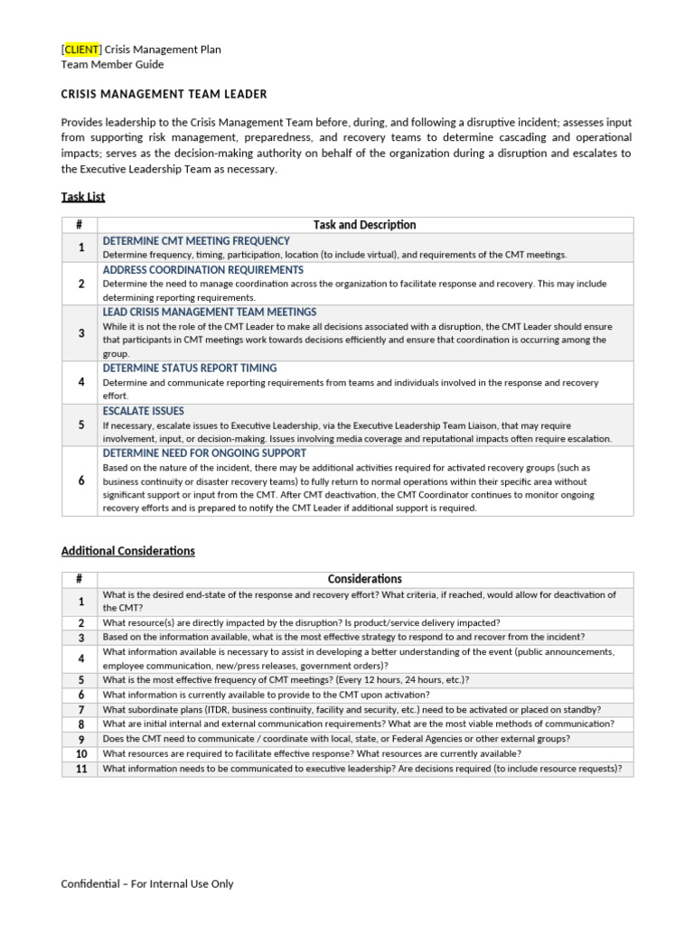 Task List: Crisis Management Team Leader | PDF