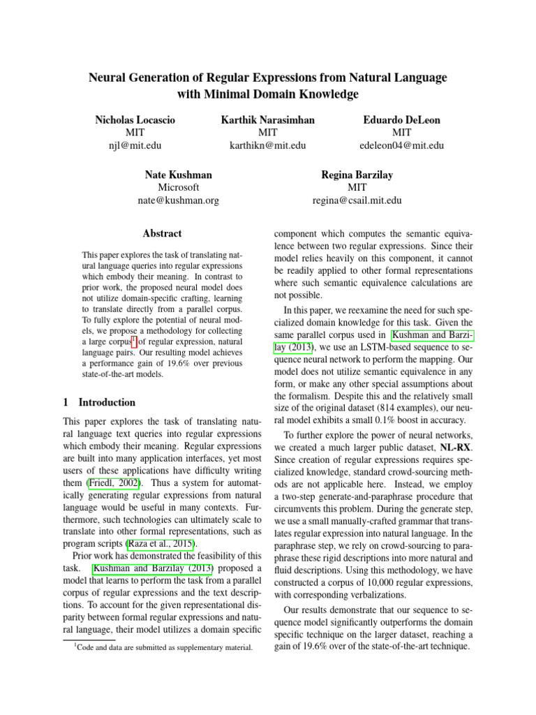 Neural Generation of Regular Expressions From Natural Language | PDF
