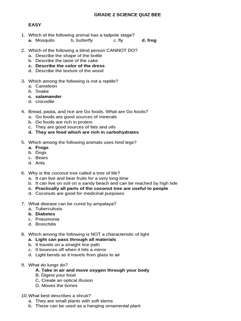 Science Grade 2 Quiz Bee | PDF