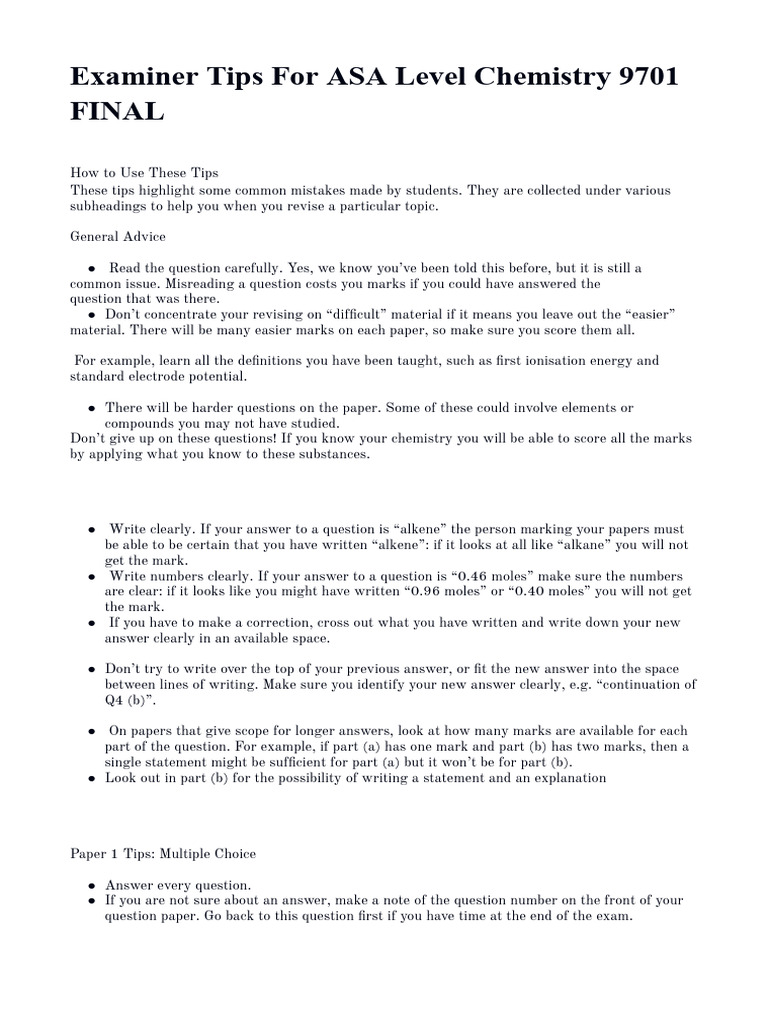Examiner Tips For ASA Level Chemistry 9701 FINAL | PDF
