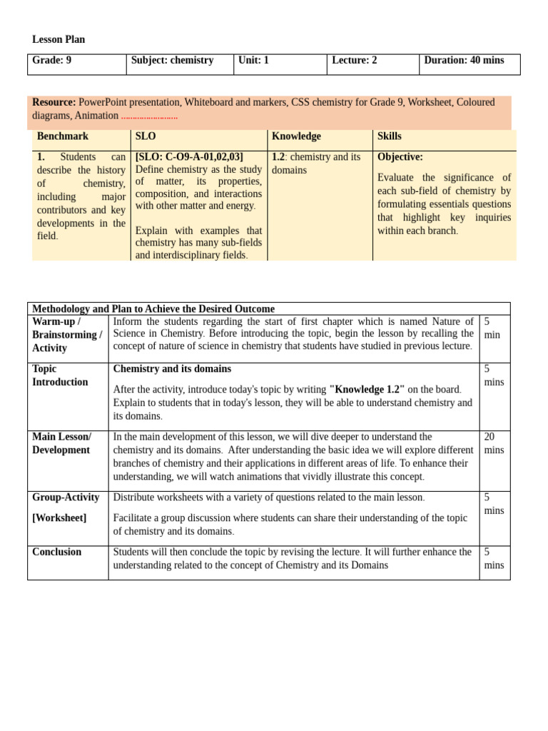 Chemistry Grade 9 Chapter 1 Knowledge 1.2 Lesson Plan | PDF