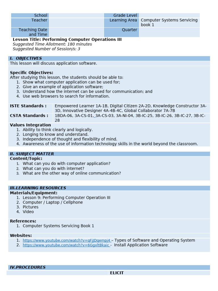 Lesson Plan 9 - Performing Computer Operations III (AutoRecovered) | PDF