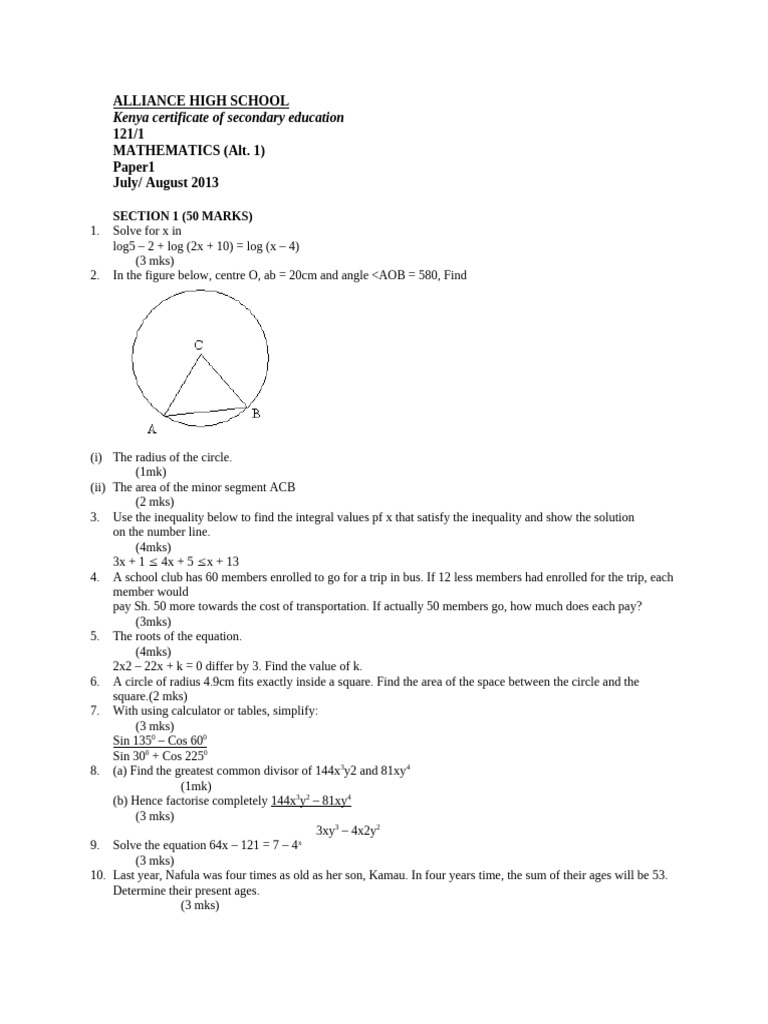 2013 Mathematics Paper 1 - Alliance High | PDF