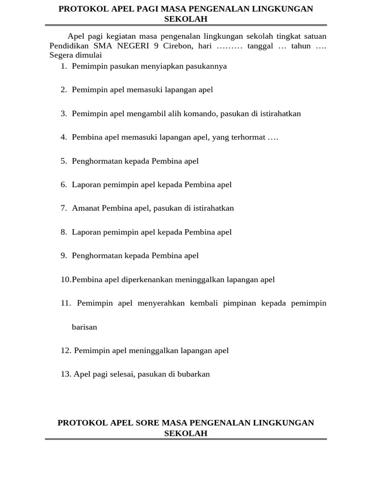 Protokol Apel Masa Pengenalan Lingkungan Sekolah | PDF