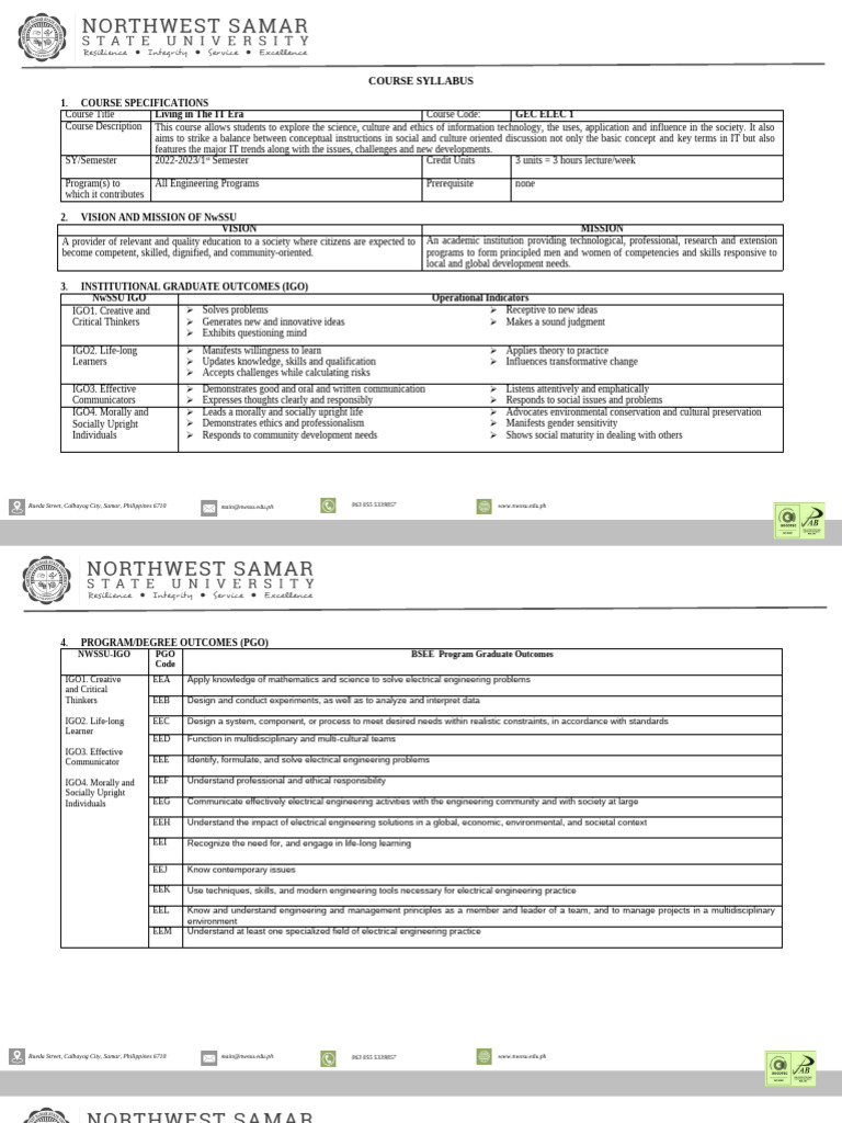 GEC Elec 1 - LIVING IN THE IT ERA - Syllabus | PDF | Engineering | Art