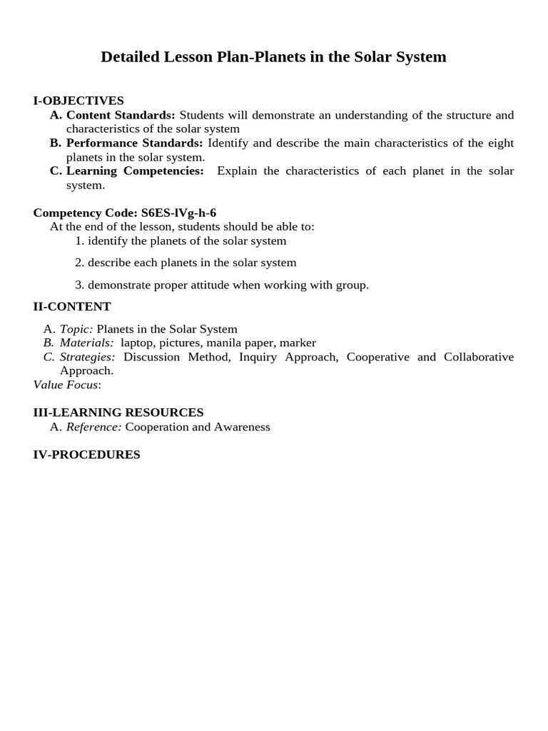 Lesson Plan: Solar System Planets | PDF | Planets | Planets In Astrology