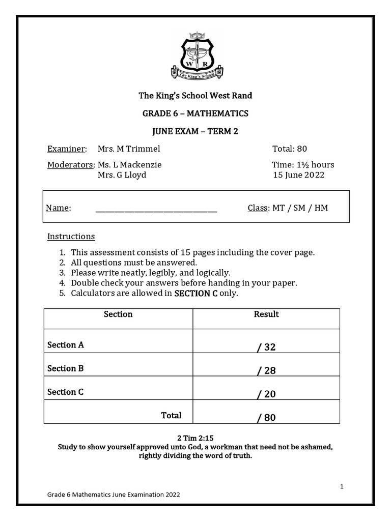 Grade 6 Math June Exam 2022 | PDF | Length | Area