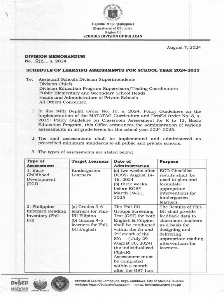 DIVISION MEMORANDUM NO 342 S 2024 Assessments | PDF