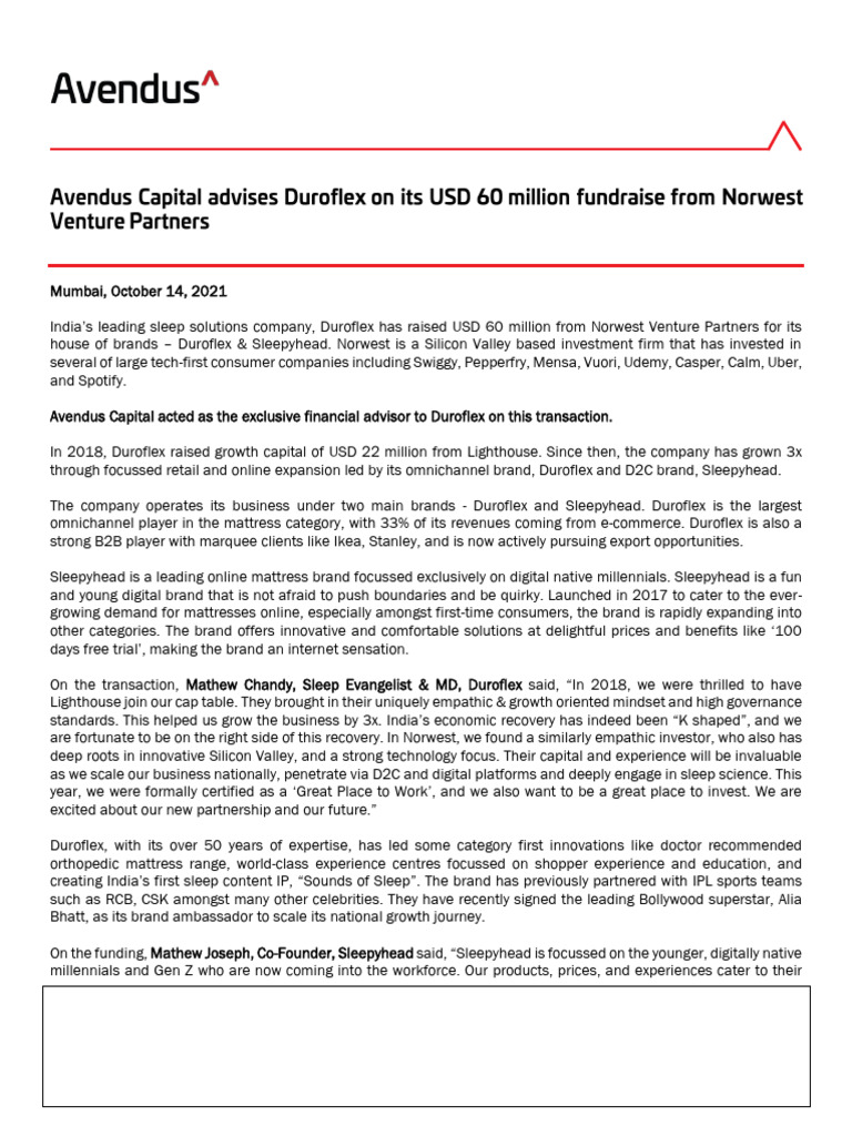 Avendus Capital Advises Duroflex On Its Usd 60 Million Fundraise From ...