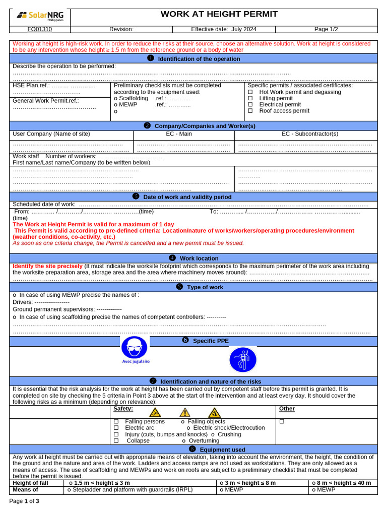 DG - HSE - FO01419 - PTW - Work at Height - V1 | PDF | Safety | Technology & Engineering