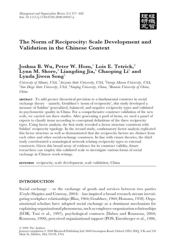 2006 - The Norm of Reciprocity Scale | PDF