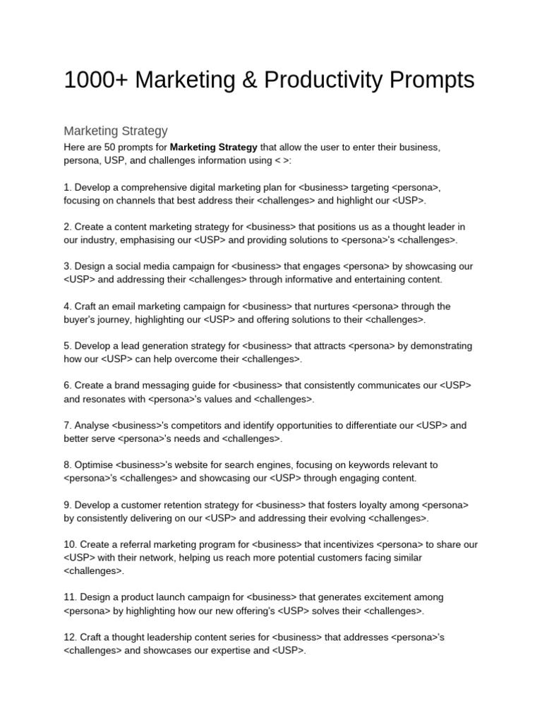 Marketing & Productivity Prompts Guide | PDF | Brand | Marketing