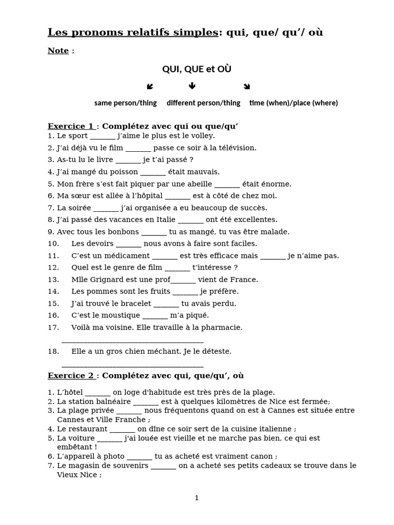 Pronoms relatifs: exercices pratiques | PDF | Échecs