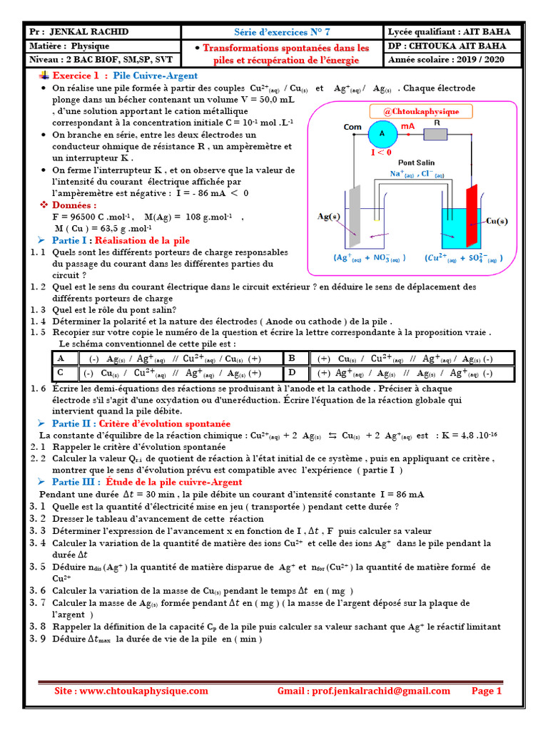 Série D'exercices 6, Transformations Spontanées Dans Les Piles Et ...