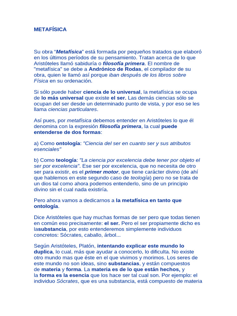 Metafísica según Aristóteles | PDF | Metafísica | Teoría de sustancias