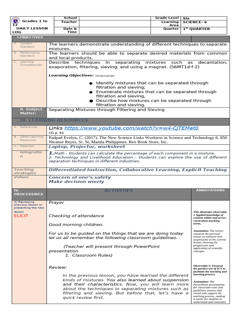Science Lesson: Separating Mixtures | PDF | Filtration | Learning