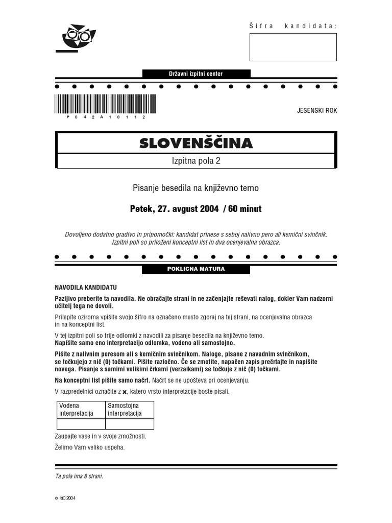 Sloven ( Ina: Pisanje Besedila Na Knji'evno Temo Petek, 27. Avgust 2004 ...