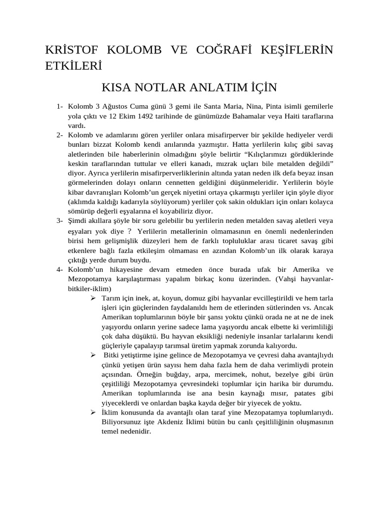 KRİSTOF KOLOMB VE COĞRAFİ KEŞİFLERİN ETKİLERİ (Son Hali) | PDF