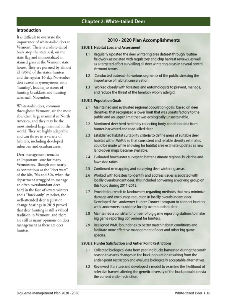 Vermont Deer Management Plan 2020 To 2030 | PDF