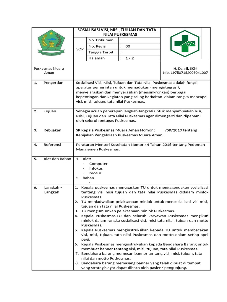 Sop Sosialisasi Visi, Misi, Tujan Dan Tata Nilai Puskesmas | PDF