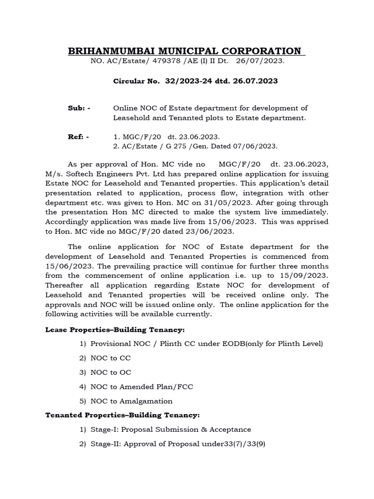 Circular No 32 of 2023-24 Online NOC of Estate Department For ...