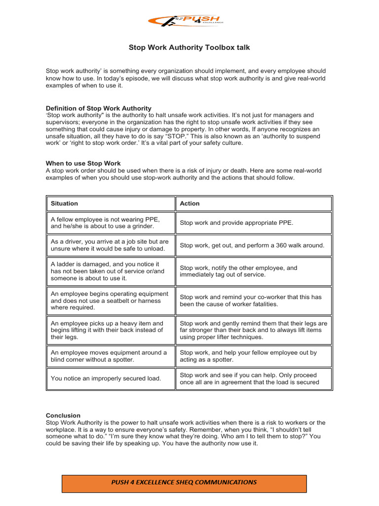 Stop Work Authority Toolbox Talk | PDF