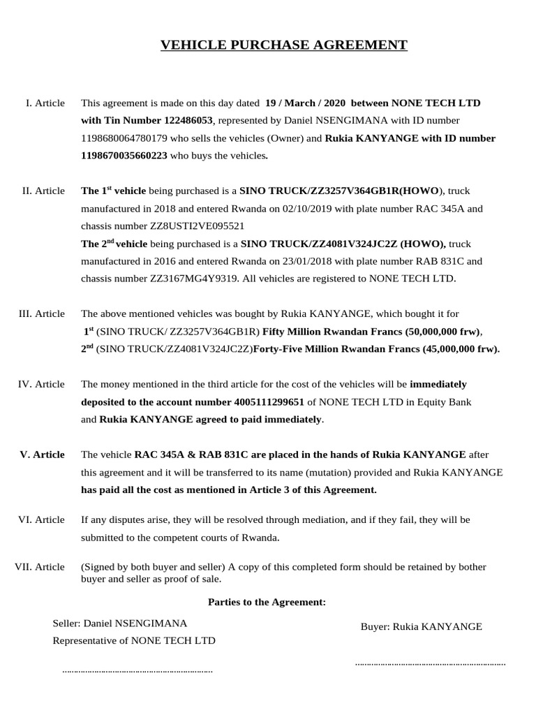 Vehicle Purchase Agreement-1 | PDF