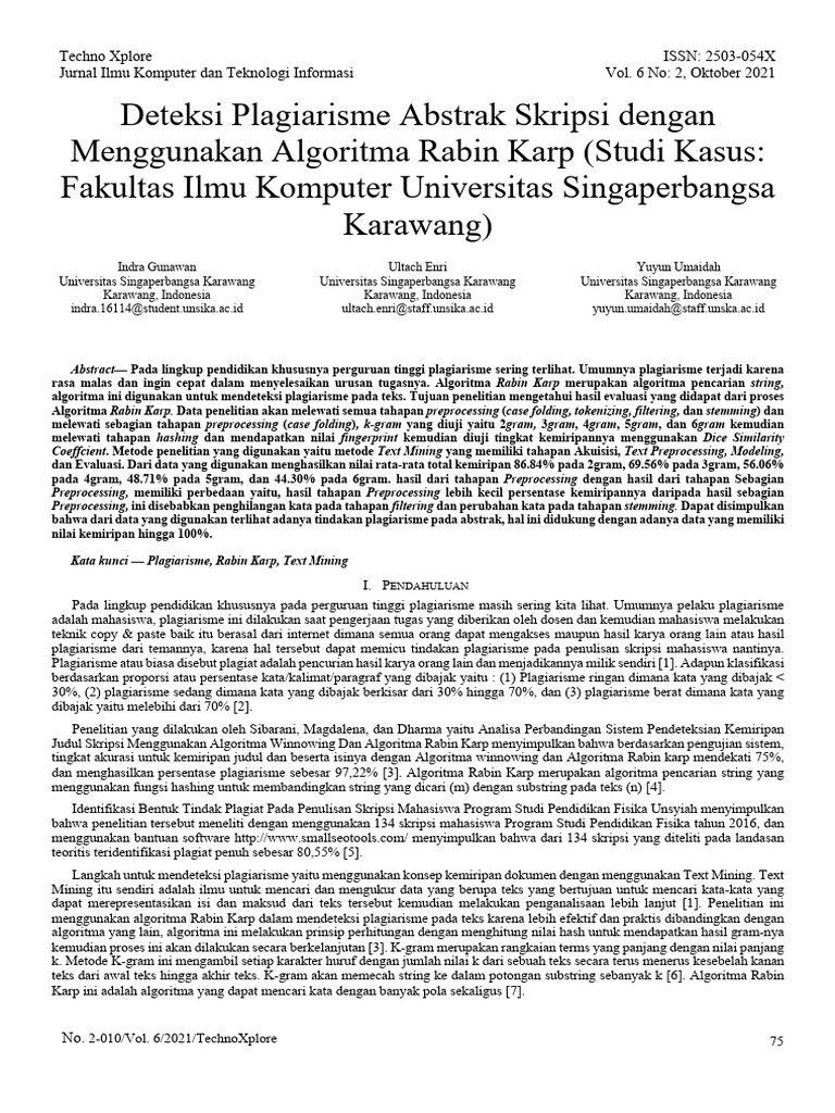 Deteksi Plagiarisme Abstrak Skripsi Dengan Menggunakan Algoritma Rabin Karp (Studi Kasus ...