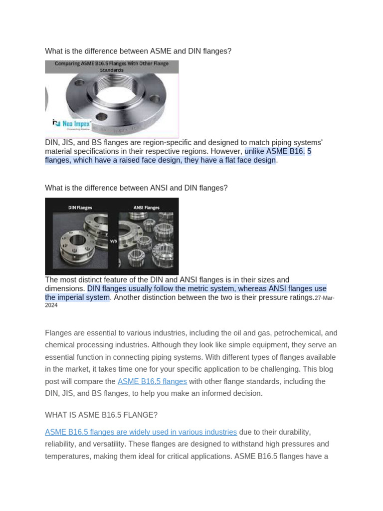 What Is The Difference Between ASME and DIN Flanges | PDF