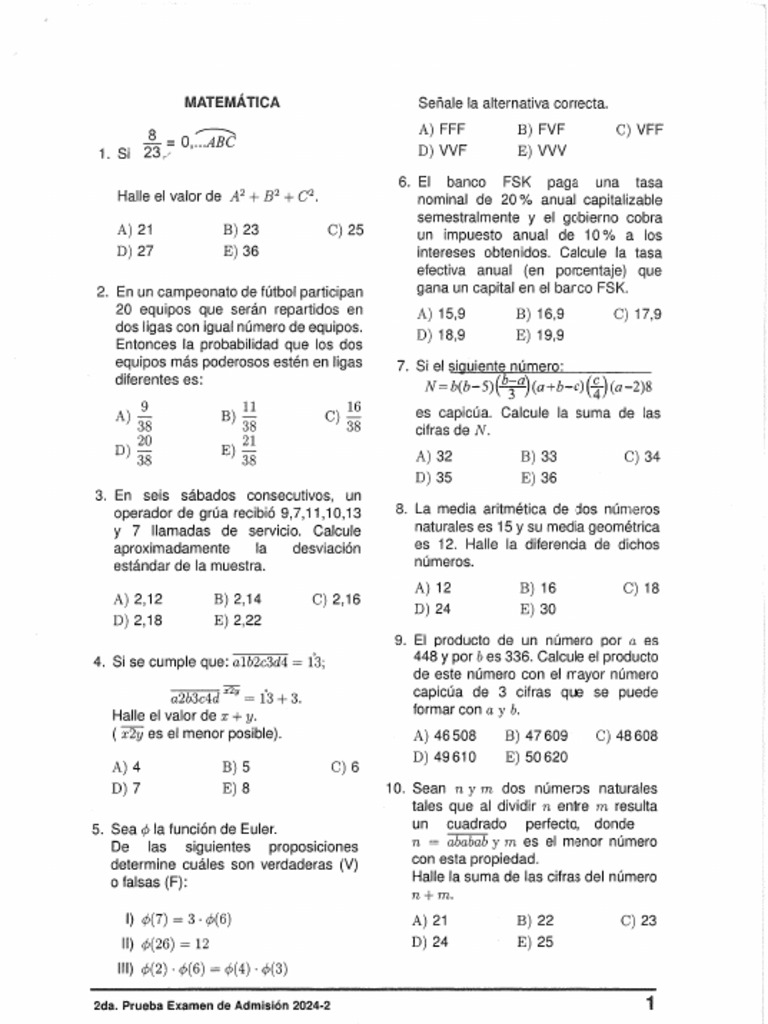 Admisión Uni 2024-2 Matemática | PDF
