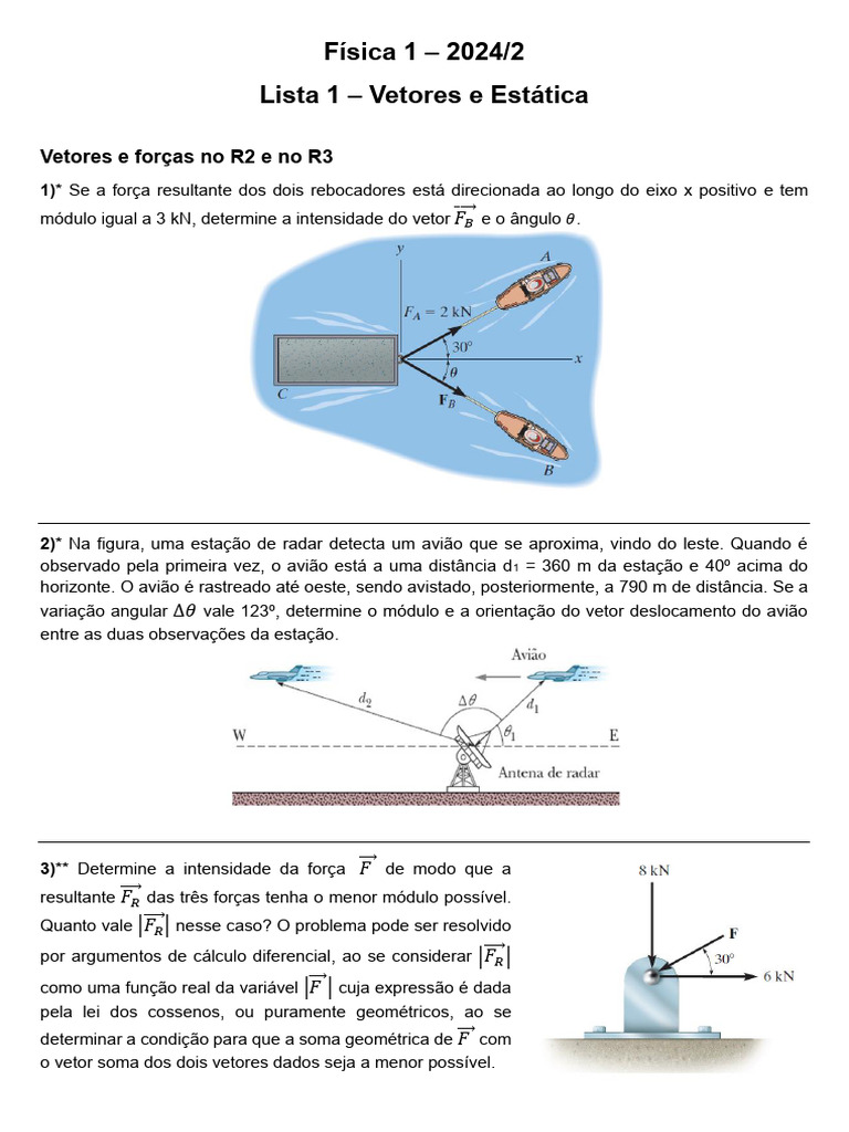 FÃ - Sica 1 - Lista 1 - Vetores e EstÃ¡tica | PDF