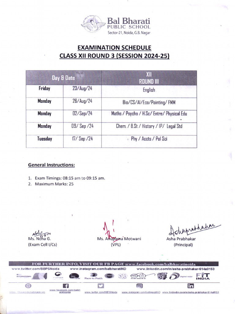 Class-XII Round-3 Exam Schedule | PDF